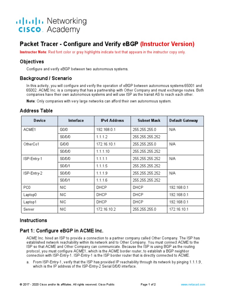 11.2.1 Packet Tracer - Configure and Verify eBGP - ILM | PDF | Router (Computing) | Computer Network