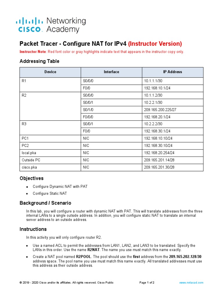 15.2.2 Packet Tracer - Configure NAT For IPv4 - ILM | PDF | Ip Address | Computer Engineering