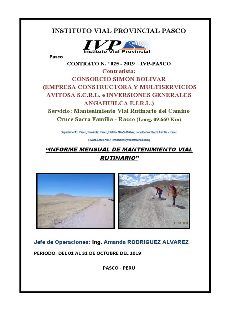 Informe Mensual Mantenimiento Vial Pasco | PDF