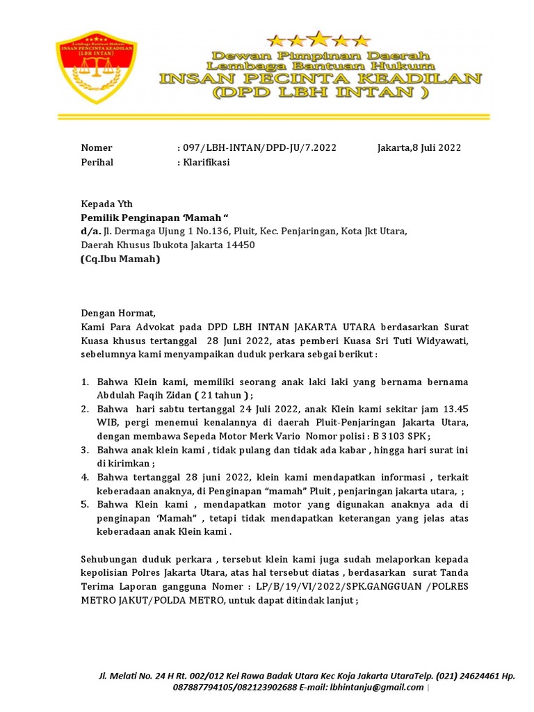 Klarifikasi Kasus Hilangnya Anak di Penginapan Mamah | PDF