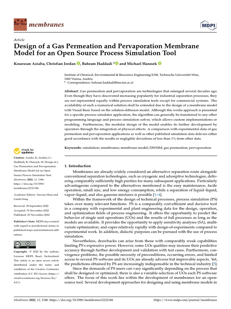 Design of A Gas Permeation and Pervaporation Membrane IN DWSIM - 2022 ...