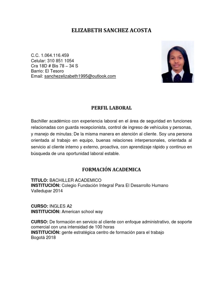 Hoja de Vida - Elizabeth Sanchez | PDF