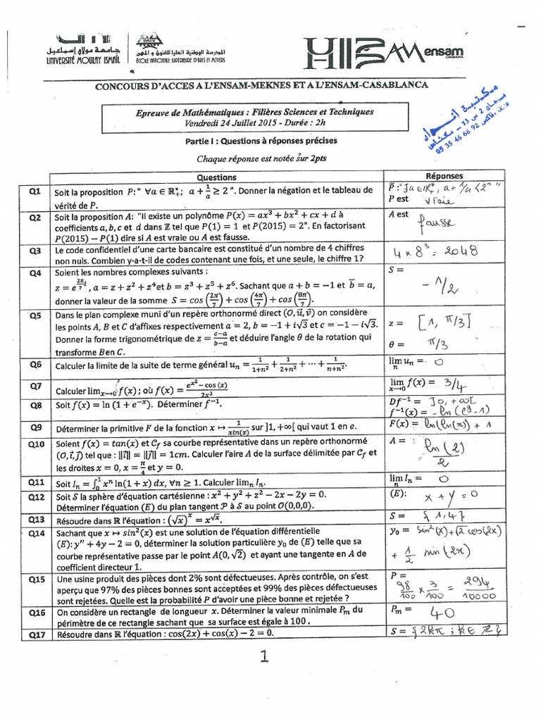 Ensam Maths SVT 2015 Corrige | PDF