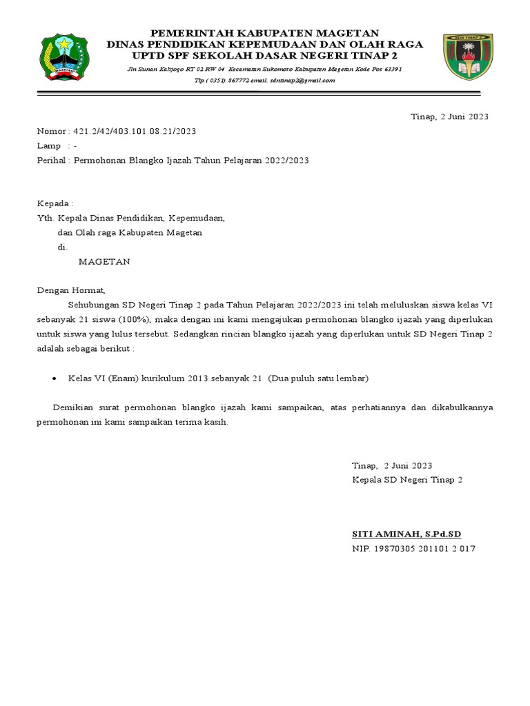 Surat Permohonan Blangko Ijasah 2023 SDN Tinap2 | PDF