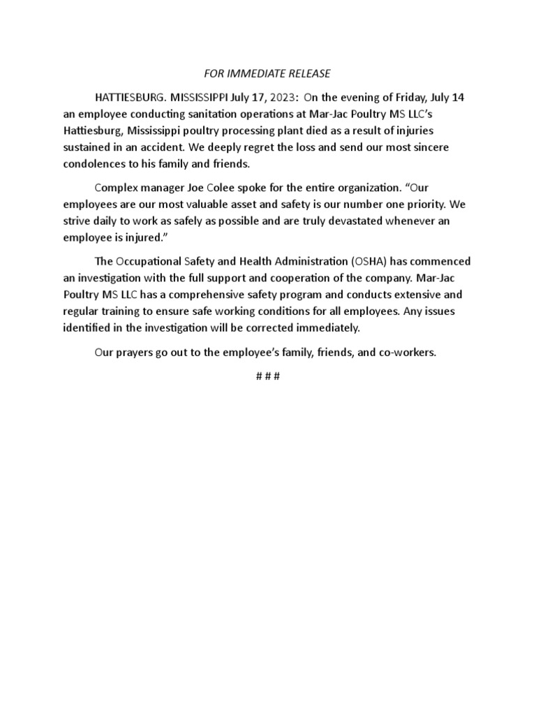 Mar-Jac Press Release On Duvan Perez Death | PDF