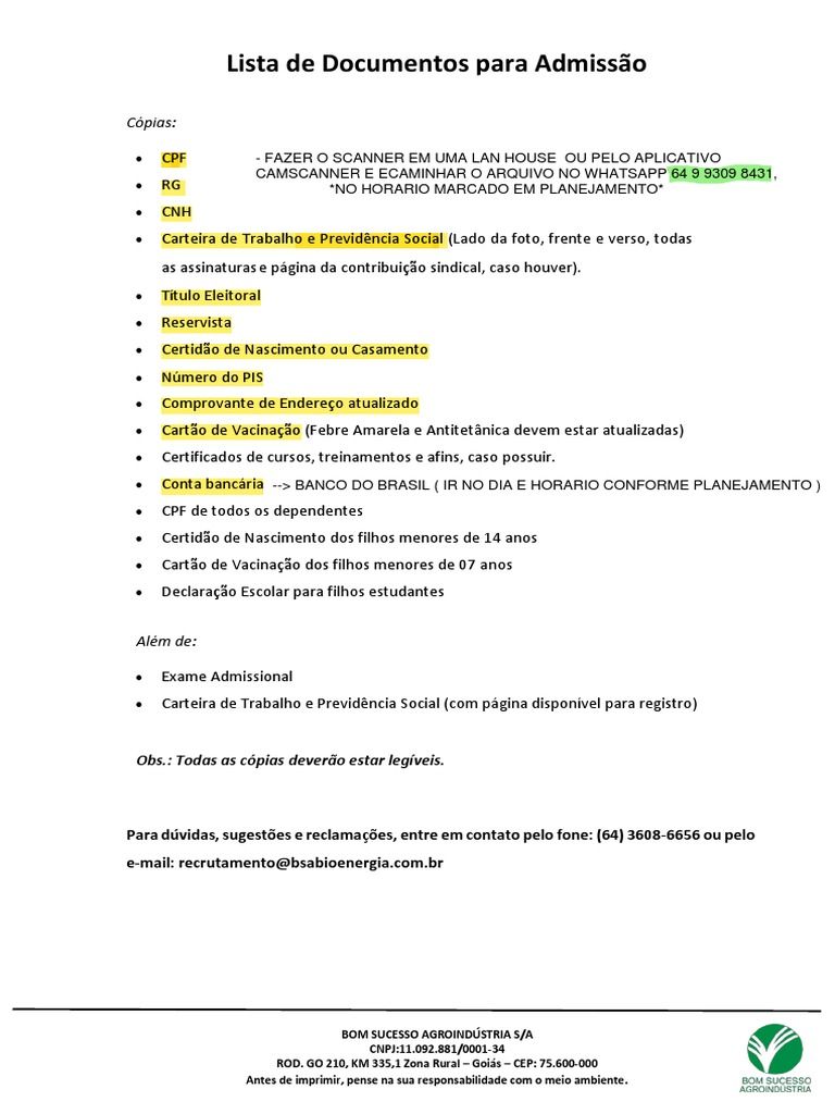 Lista de Documentos Admissão | PDF