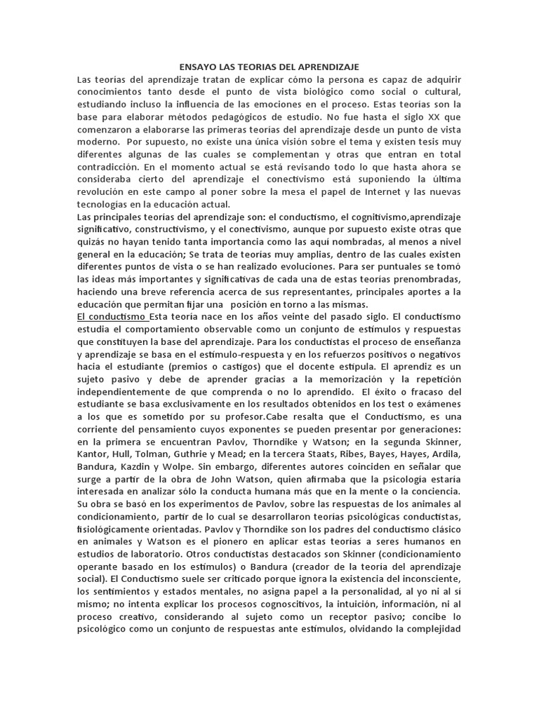 Ensayo Las Teorias Del Aprendizaje | Descargar gratis PDF | Aprendizaje | Teoría del aprendizaje ...