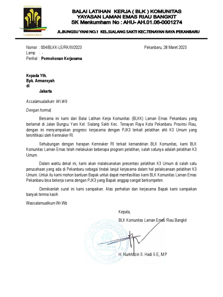 Surat Permohonan Kerjasama PJK3 | PDF