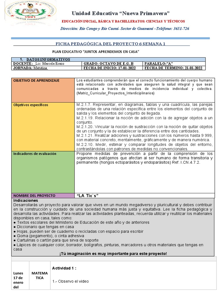 8vo - Planificacion Unidad Semana 2 | PDF | Educación de la primera ...