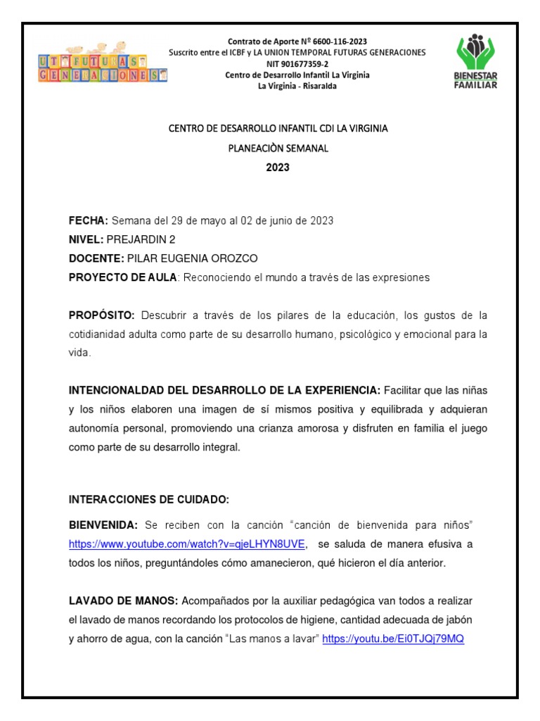 Planeacion Pedagogica Semana Del 29 de Mayo Al 02 de Junio | PDF | Canciones