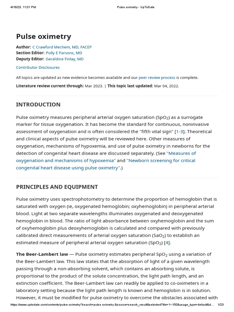 Pulse Oximetry - UpToDate | PDF | Hypoxia (Medical) | Hemoglobin