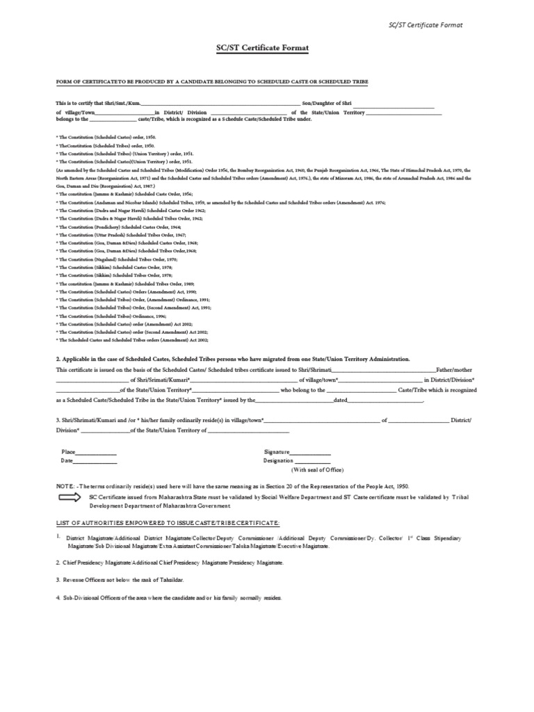SC ST Certificate Format | PDF