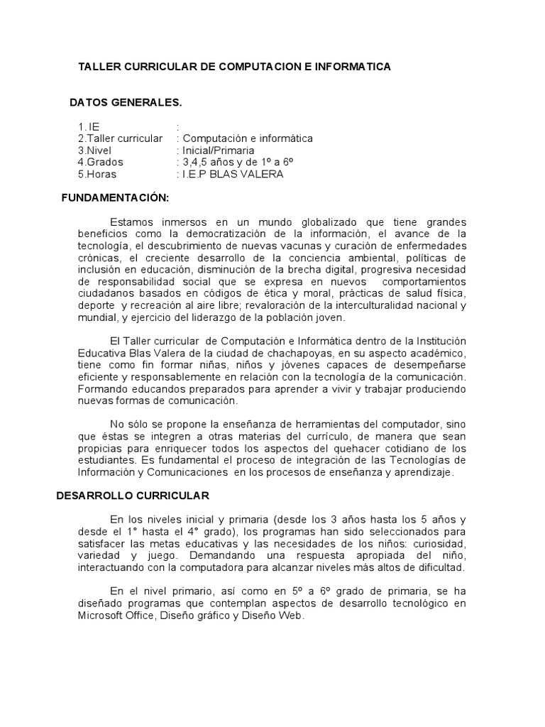 Taller Curricular de Computacion e Informatica | PDF | Software de la aplicacion | Informática