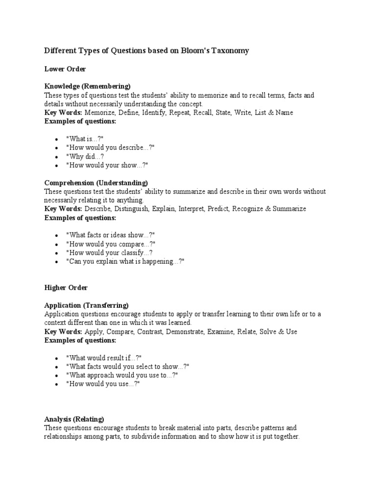 Bloom's Taxonomy Question Types | PDF | Evaluation | Neuroscience