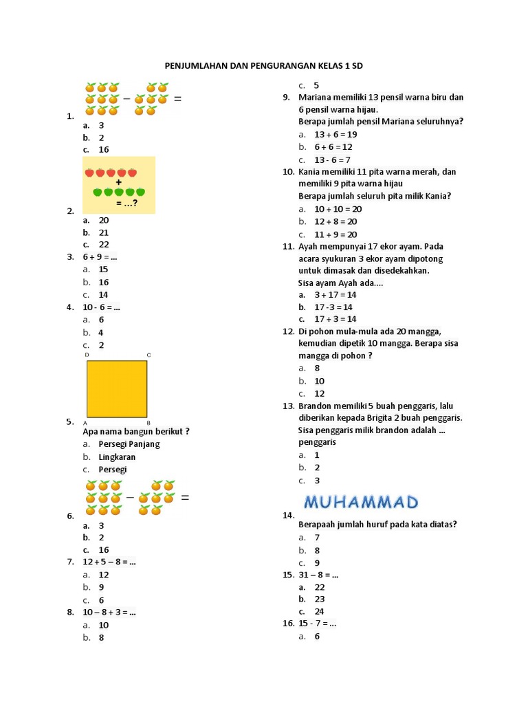 Penjumlahan Dan Pengurangan Kelas 1 SD | PDF