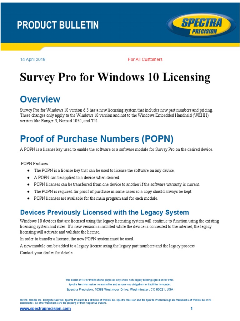 4-2018 Product Bulletin - Survey Pro Windows 10 POPN Licensing | PDF ...
