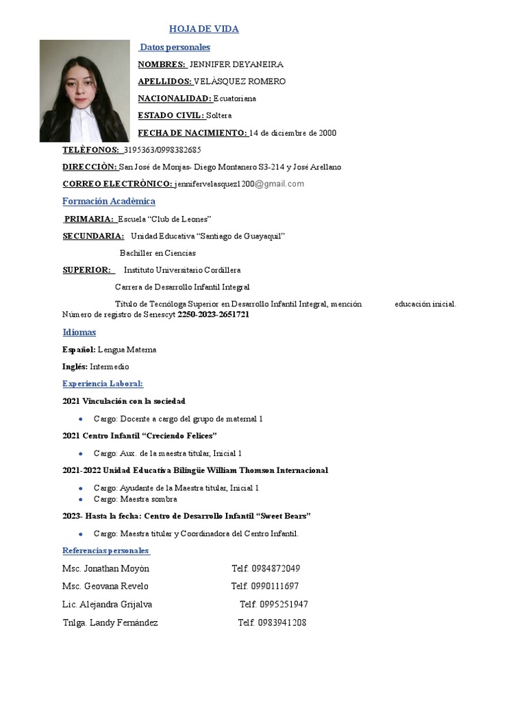 Hoja de Vida Jennifer Velasquez | PDF