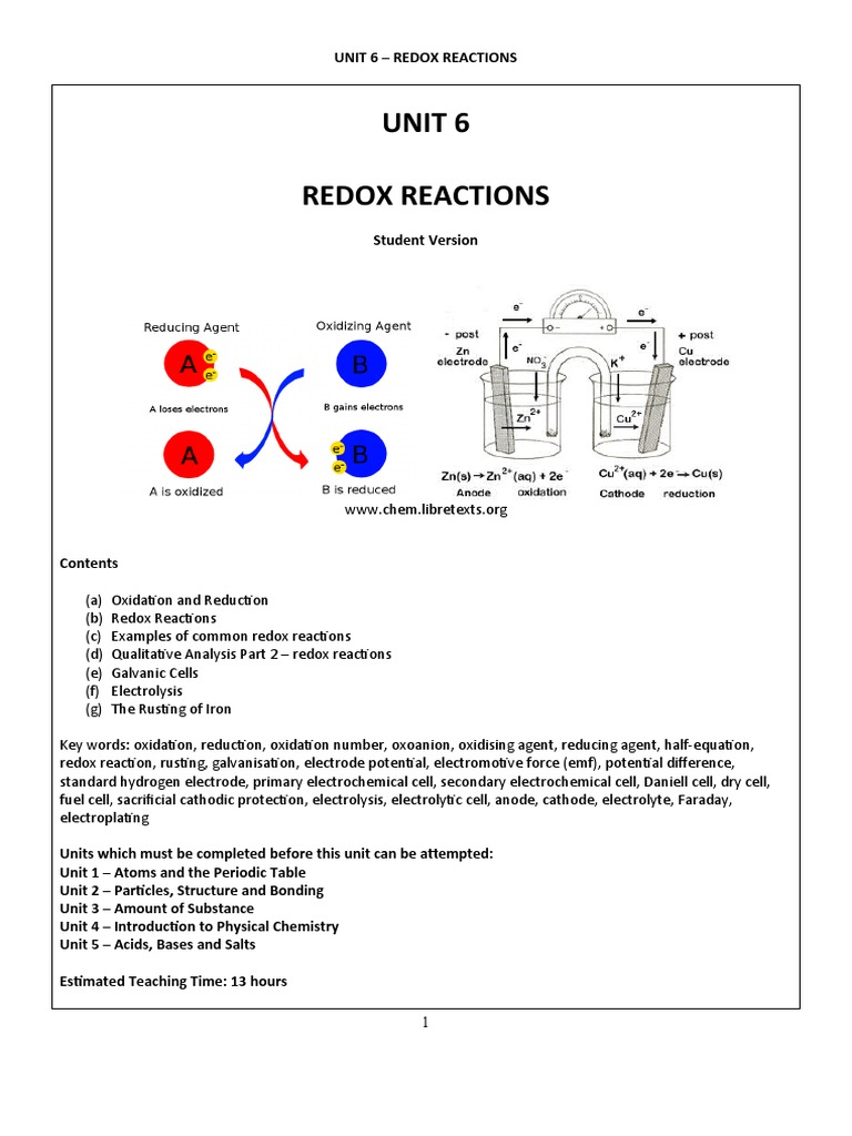 Unit 6 - Redox Reactions Student Version | PDF | Redox | Electrochemistry