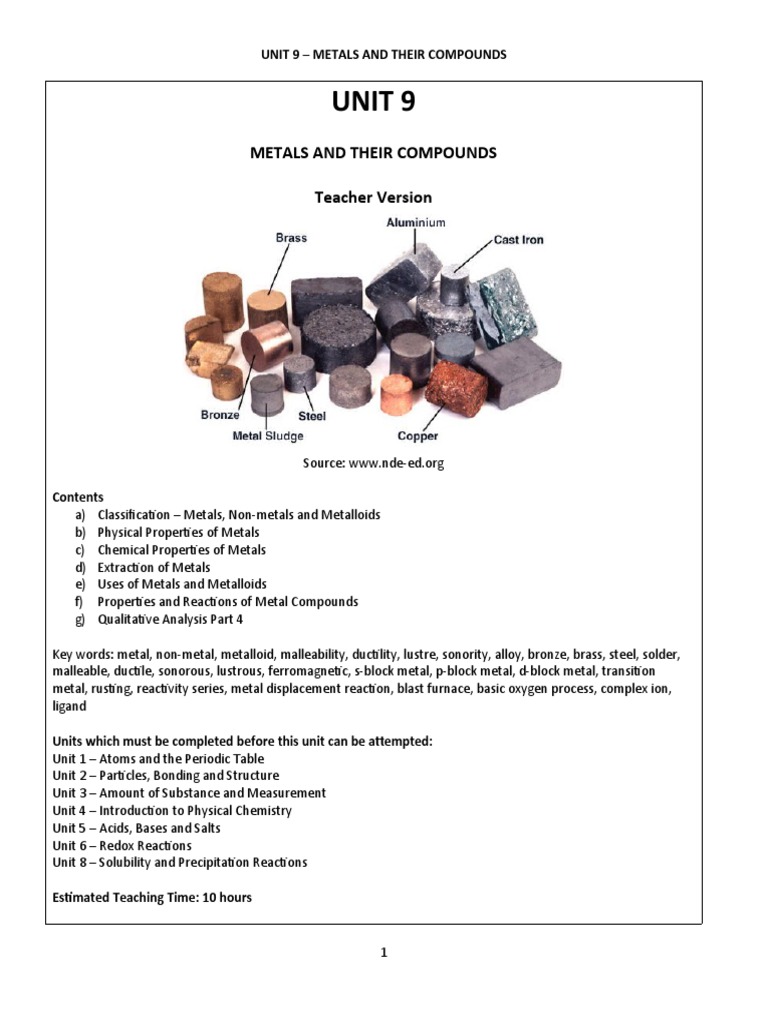 Unit 9 - Metals and Their Compounds Teacher Version | PDF | Redox | Metals