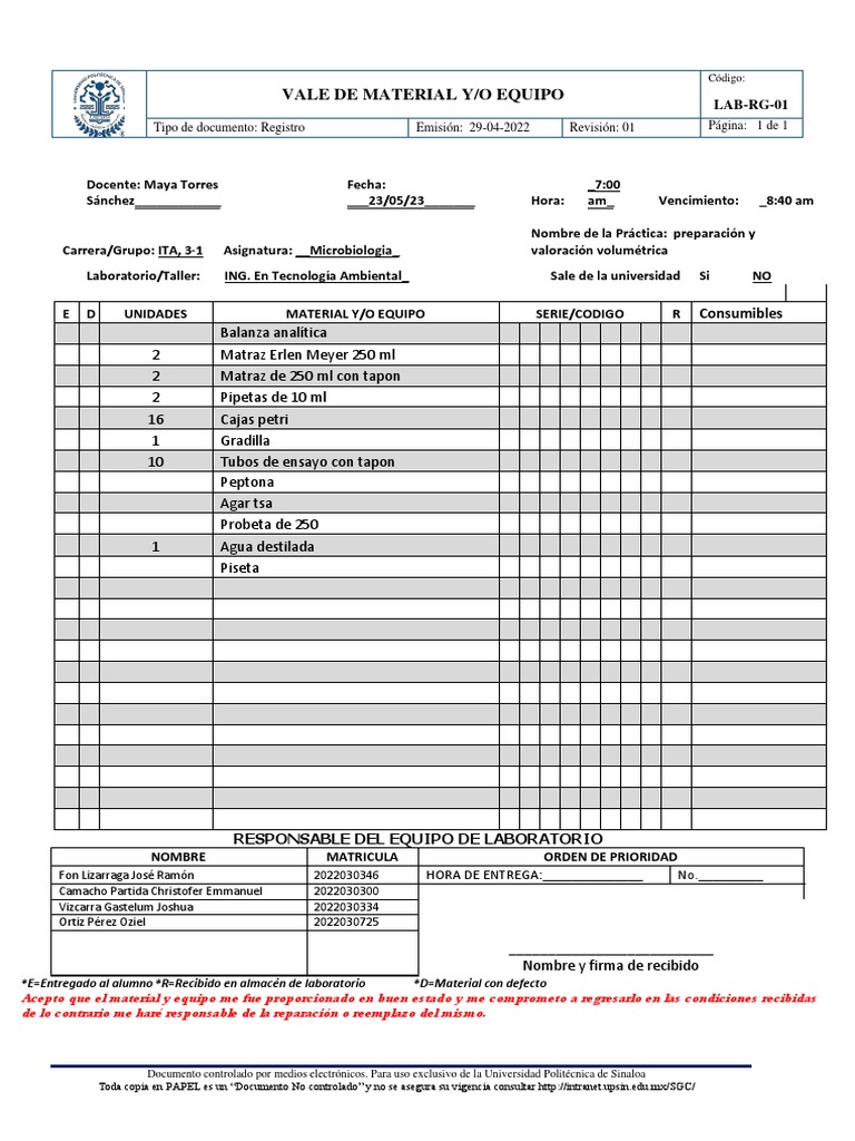 LAB-RG-01 Vale de Solicitud de Material 18 (2) | PDF | Laboratorios ...