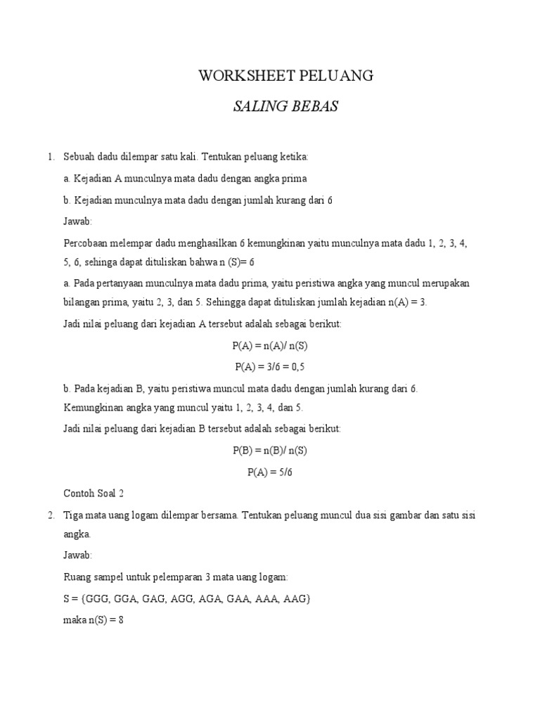 Worksheet Peluang Saling Bebas | PDF