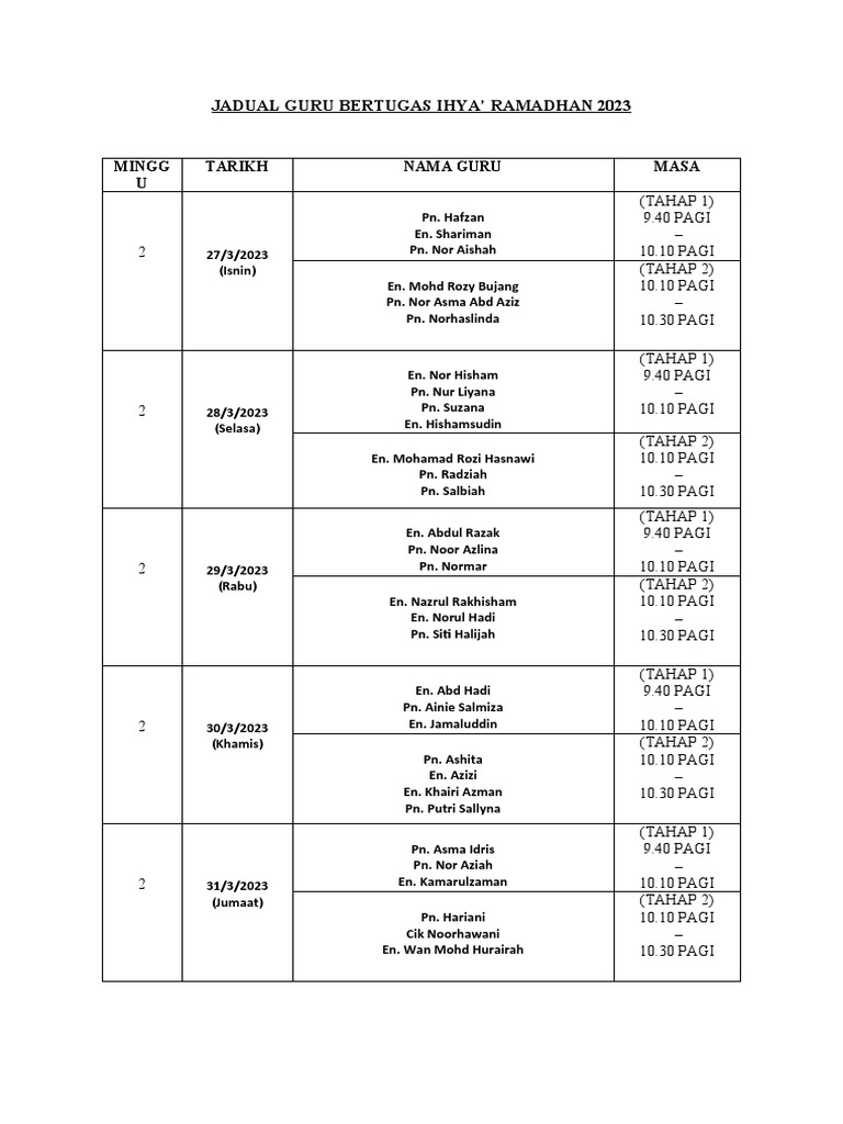 Jadual Guru Bertugas Ihya Ramadhan 2023 | PDF