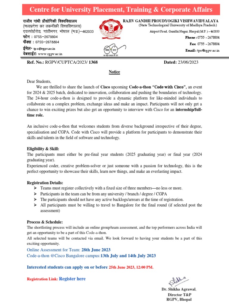 Cisco Code-a-thon 2023: RGPV Notice | PDF | Computing | Communication