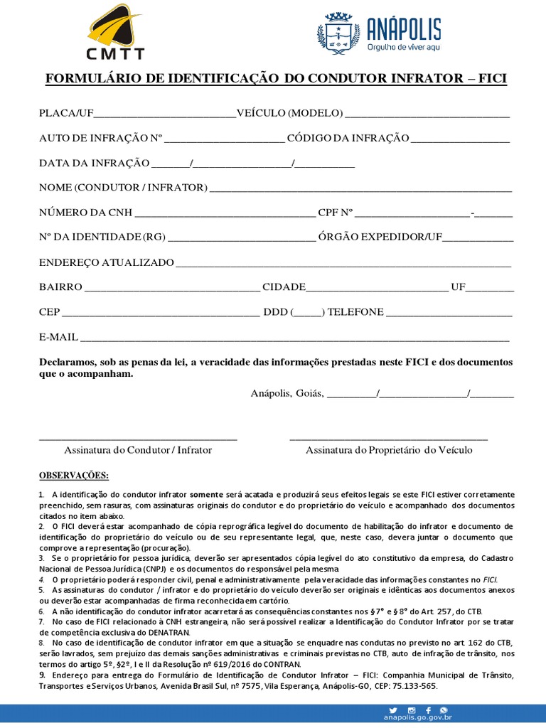 Formulario Identificacao de Condutor Infrator CMTT | PDF | Justiça ...
