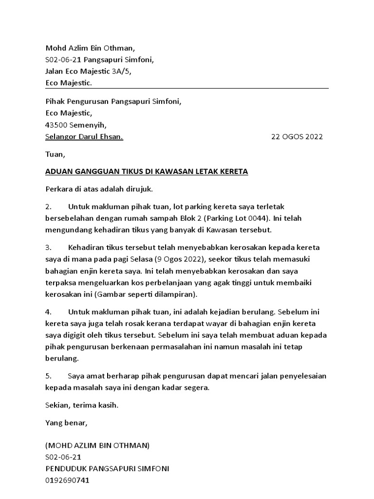 Surat ADUAN TIKUS | PDF