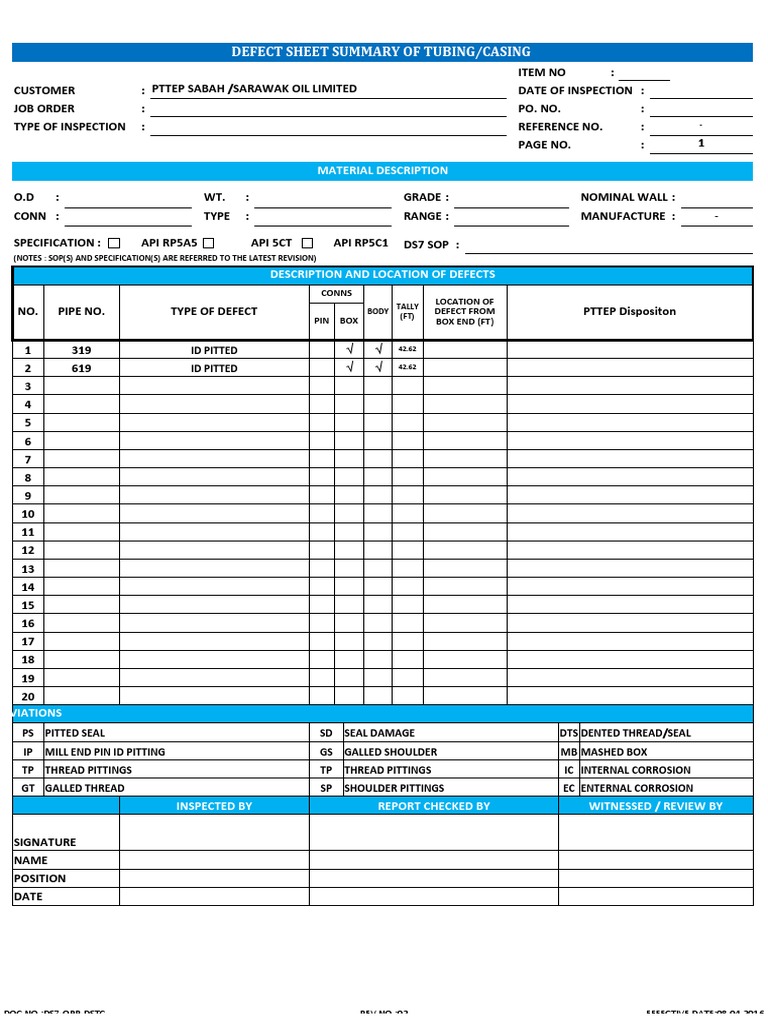 SAMPLE Defect Sheet | Download Free PDF | Pipe (Fluid Conveyance ...