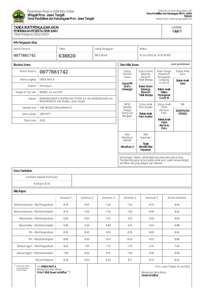 Tanda Bukti Pengajuan Akun - 0077881742 - DINDA NAYLA | PDF