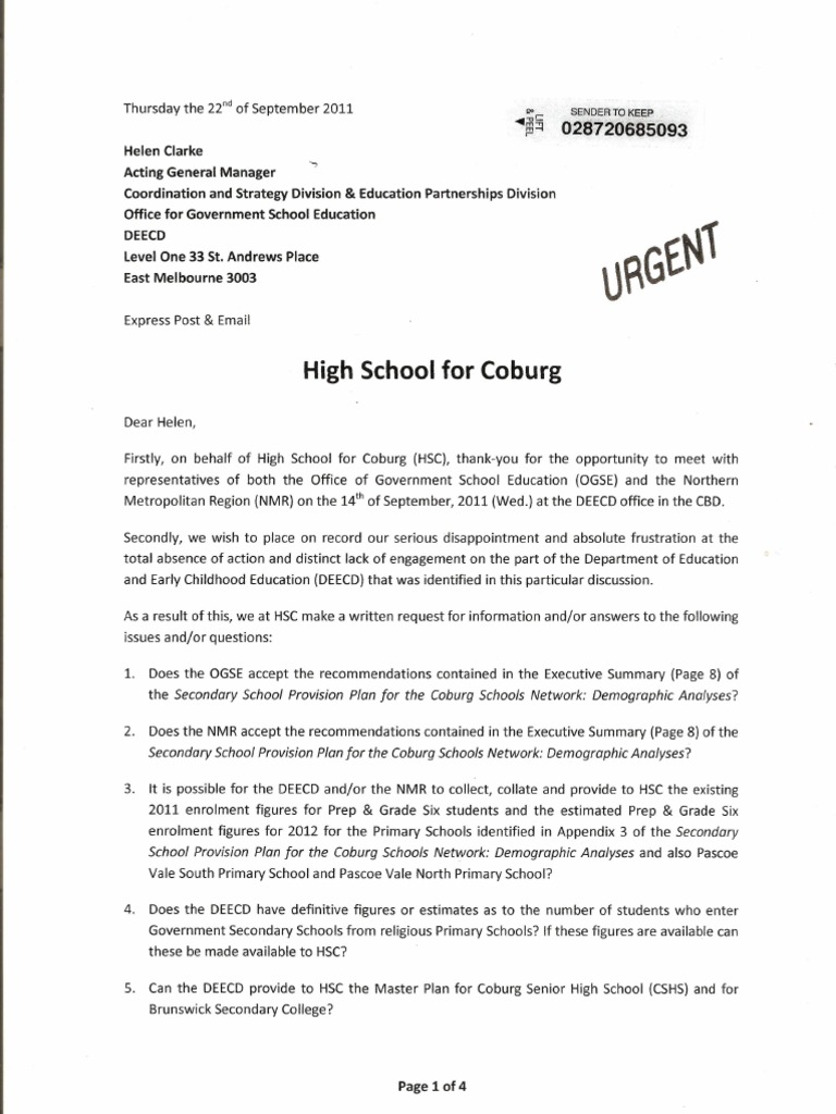 HSC Letter To Helen Clarke DEECD Thursday 22 September 2011 | PDF