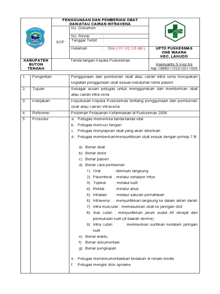 7.6.3.1 Sop Penggunaan Dan Pemberian Obat Dan Atau Cairan Intravena | PDF