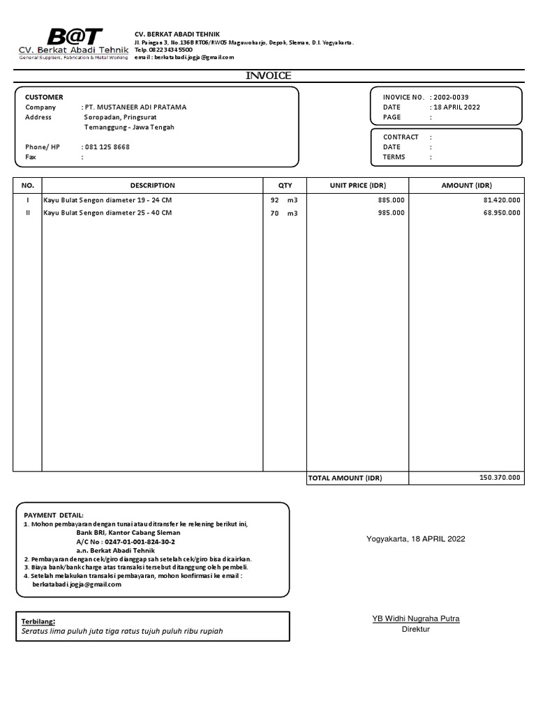 Invoice PT Mustaneer Adi Pratama 2022 | PDF
