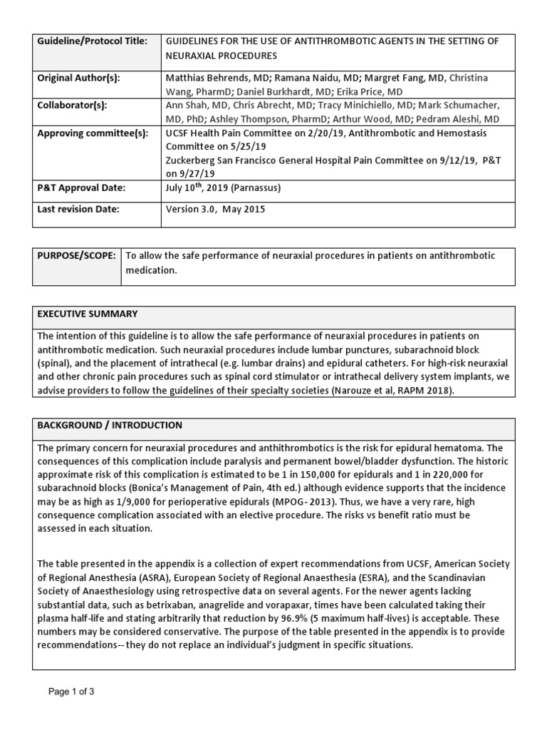 UCSF Antithrombotics Neuraxia Lnterventions Guideline Version4 | PDF ...
