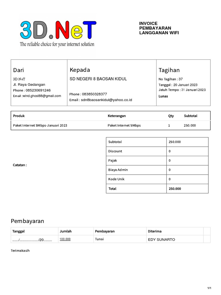 Contoh Invoice Tagihan Wifi Januari 2023 | PDF