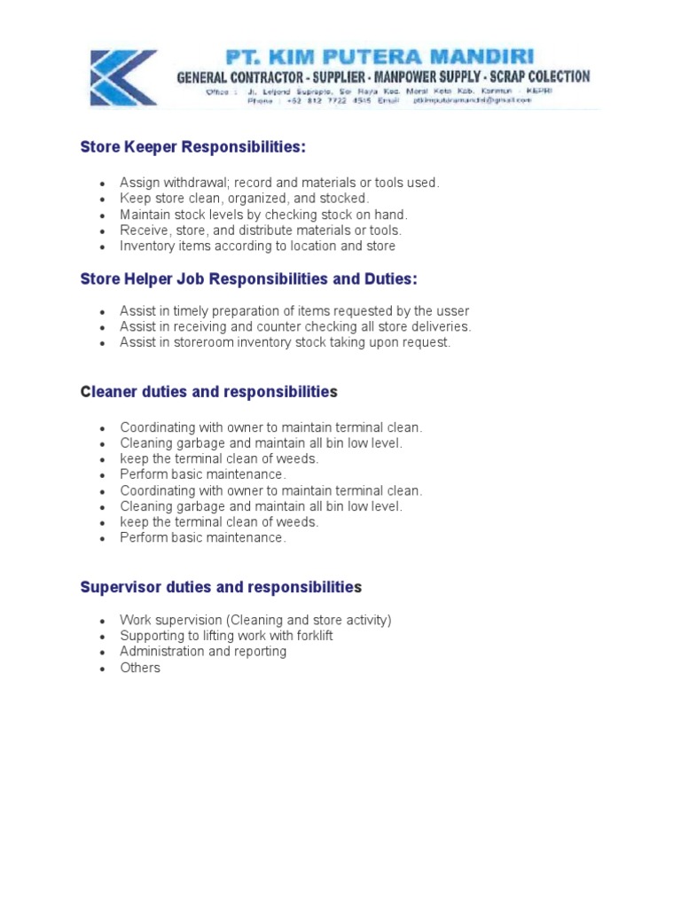 Store Keeper Job Description Template | PDF