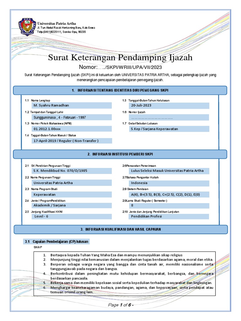 Form SKPI Universitas Patria Artha | PDF