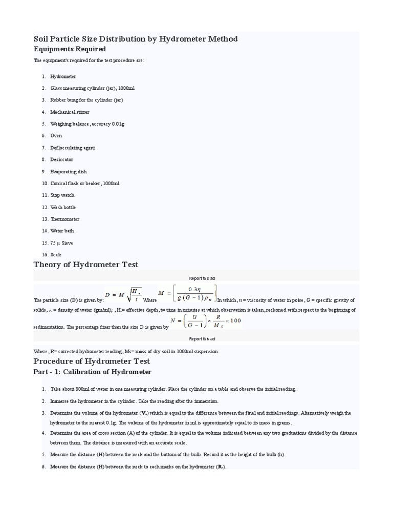 Soil Particle Size Distribution by Hydrometer Method | Download Free PDF | Water | Distillation