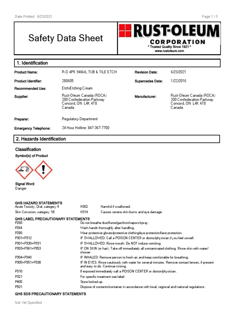 Rust Oleum Tub & Tile Etch 280605 | PDF | Water | Hazardous Waste