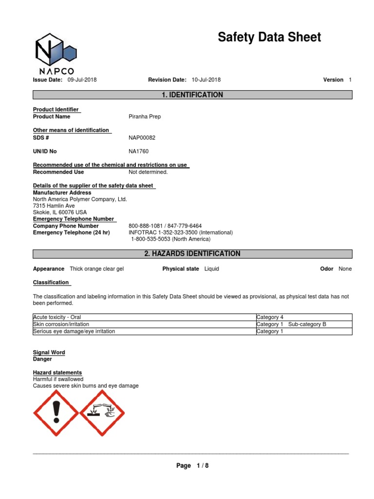 SDS NAPCO Piranha Prep Etch Cleaner | PDF | Personal Protective ...
