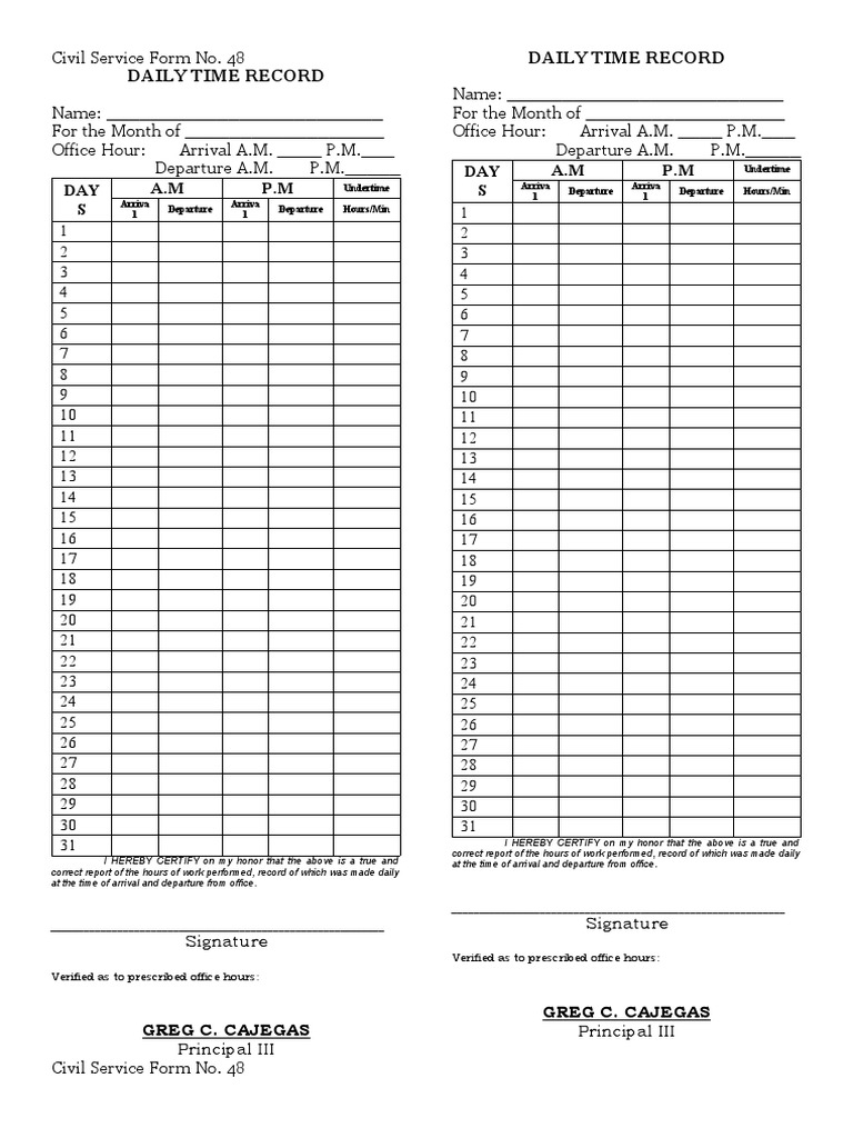 Civil Service Daily Time Record Form | PDF
