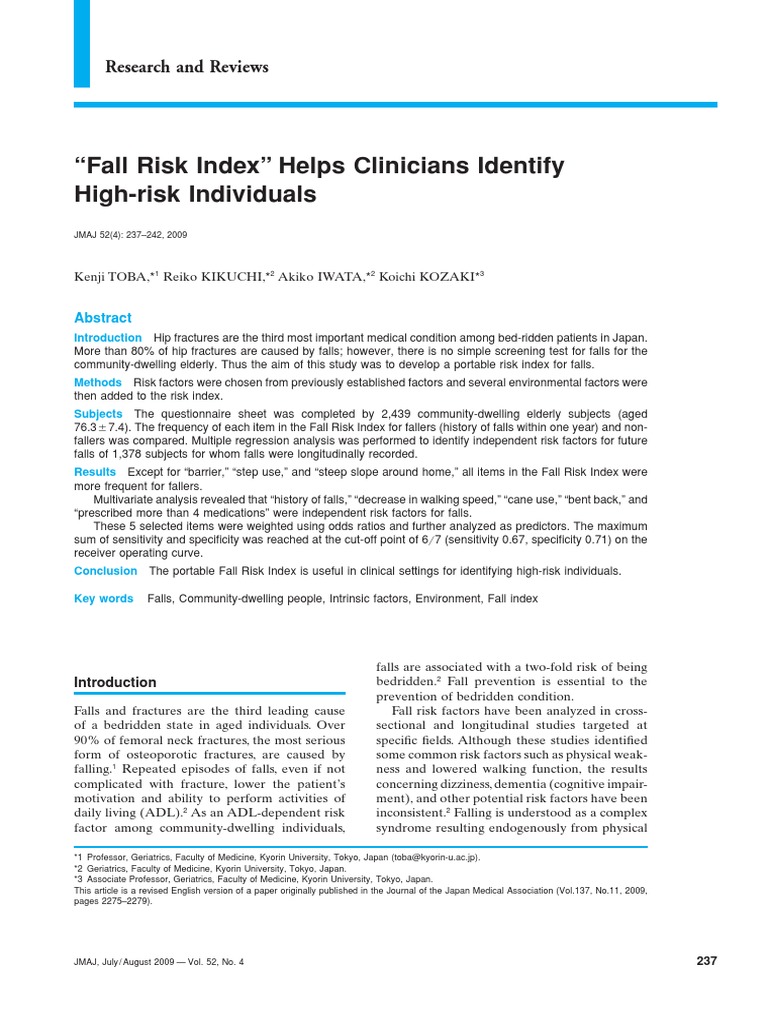 2009 Fall Risk Index Helps Clinicians Identity High-Risk Individuals ...