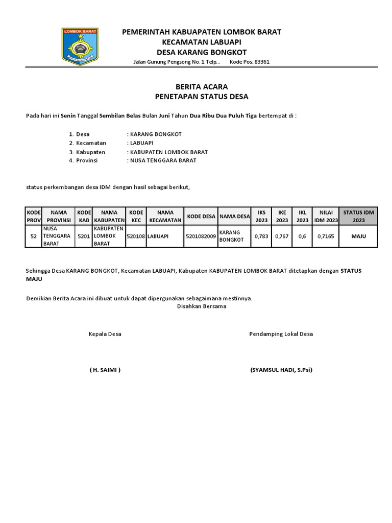 Status Maju Desa Karang Bongkot 2023 | PDF