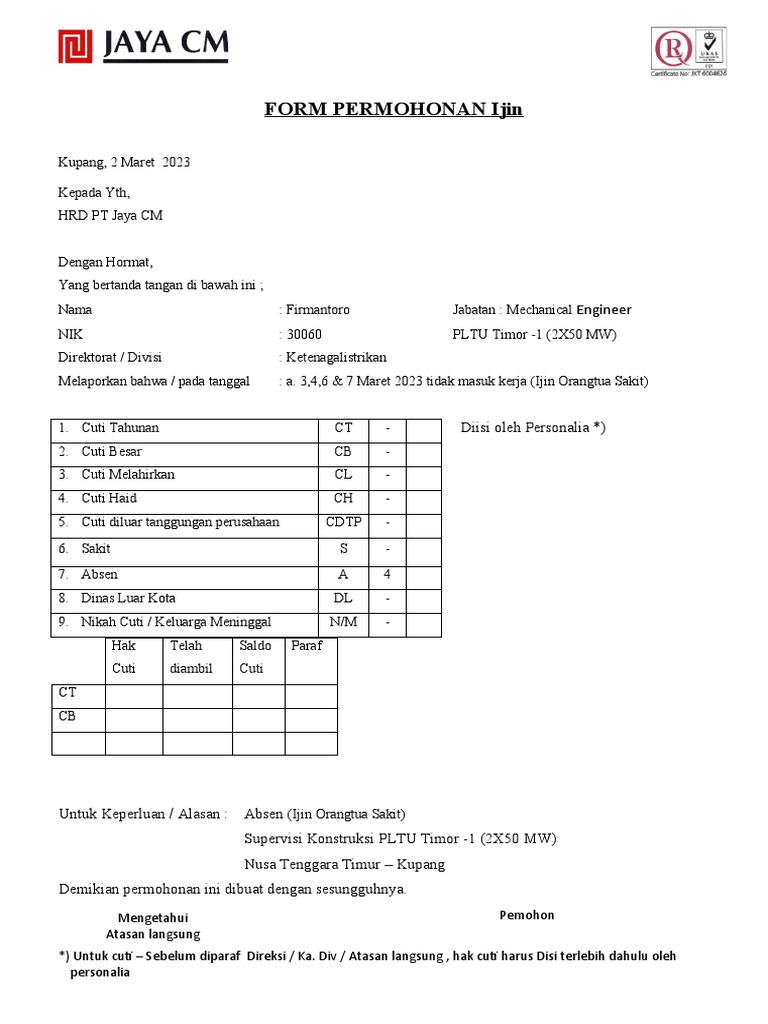 1 Form Permohonan Firman Ijin | PDF