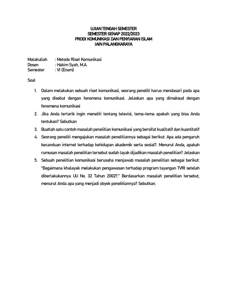 UTS Metode Riset Komunikasi 2023 | PDF