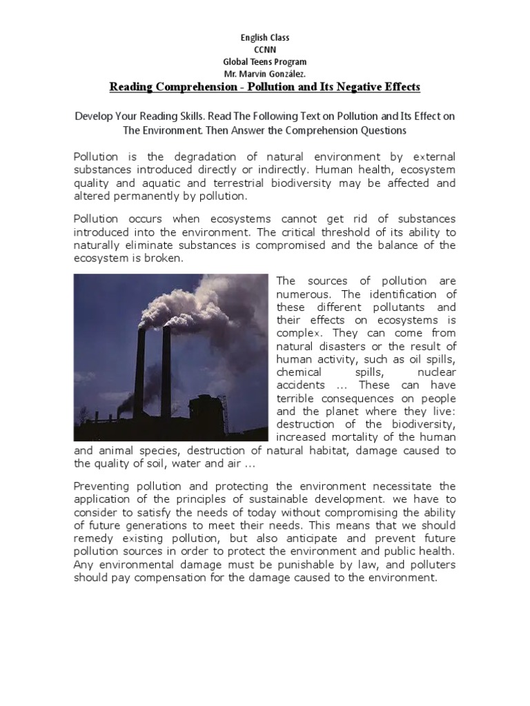 Reading Comprehension Activity | PDF | Pollution | Natural Disasters