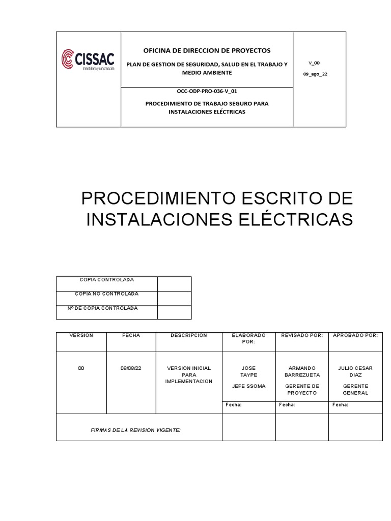 OCC-ODP-PRO-000-V - 00 Instalaciones Eléctricas | PDF | Enchufes y tomas de corriente alterna ...