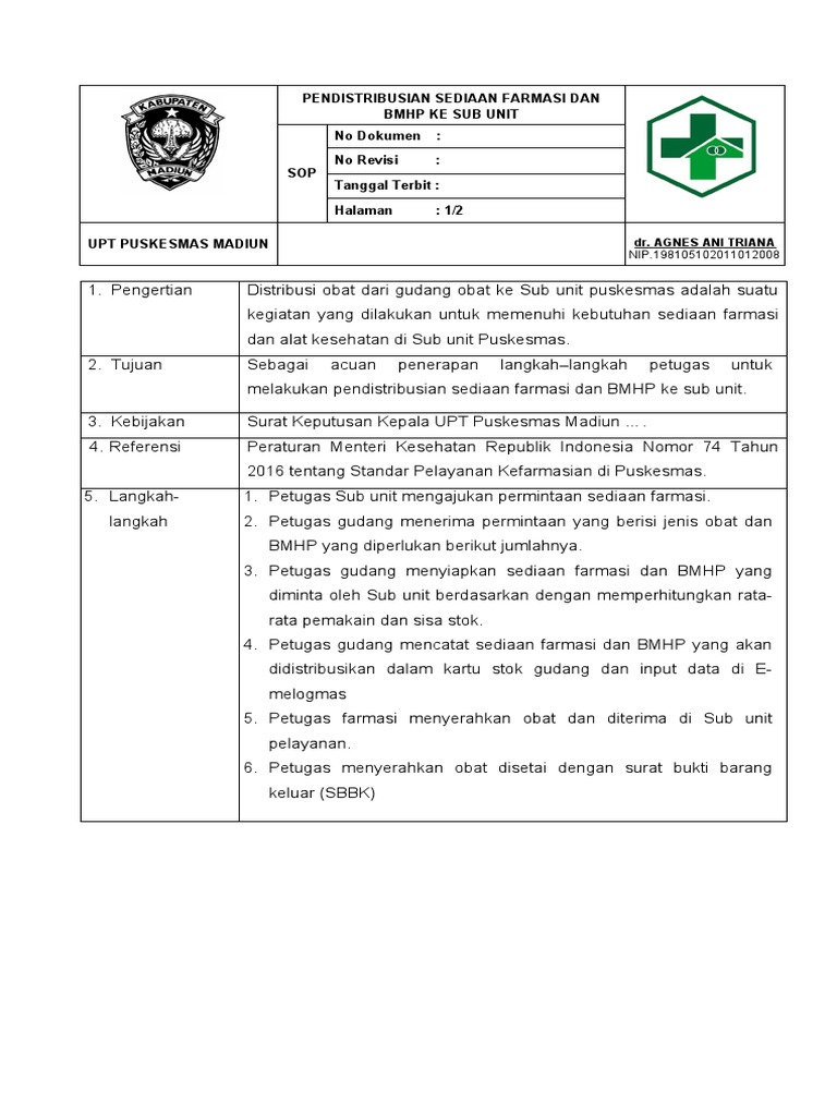 3.10.1.B.5 Sop Pendistribusian Sediaan Farmasi Dan BMHP Ke Sub Unit | PDF | Pengembangan Diri ...