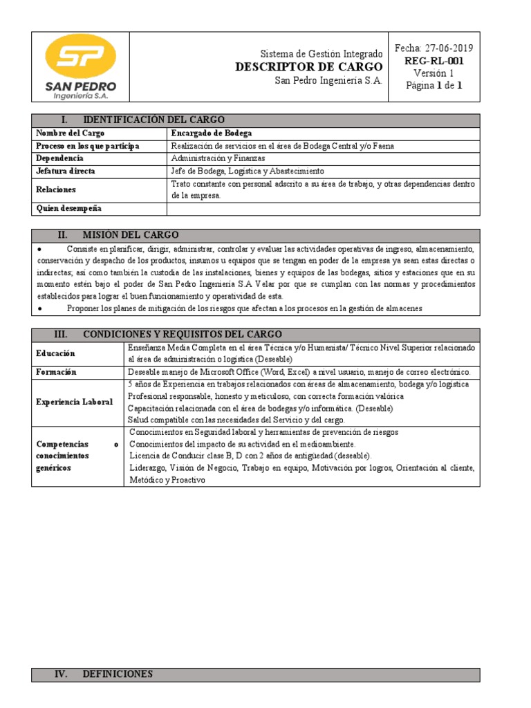 Reg-Rl-001-V1 - Descriptor de Cargo Encargado de Bodega | PDF | Logística | Almacén